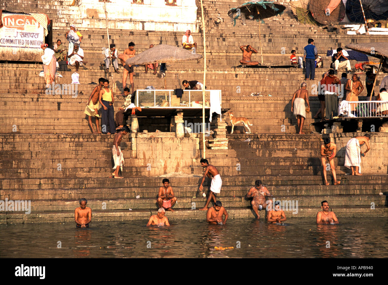 The ghats alongside the sacred River Ganges in Varanasi Uttar Pradesh ...