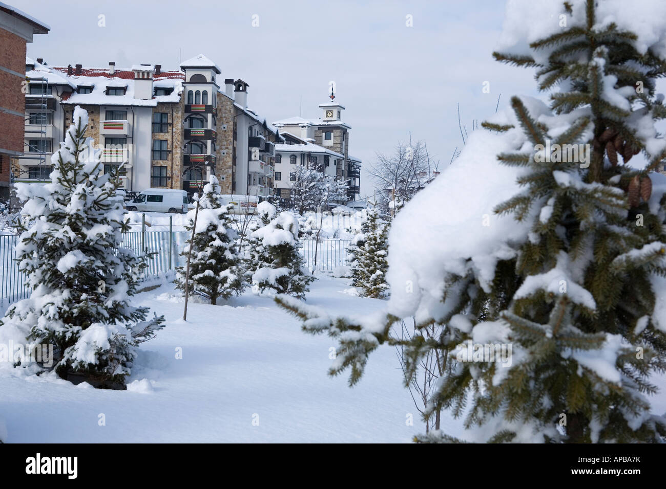 Winter scene, Bansko famous ski resort, traditional architecture ...