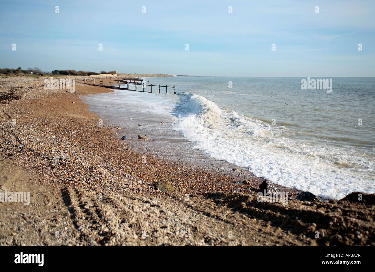 Gentle waves breaking in winter on Climping Beach, West Sussex, UK ...