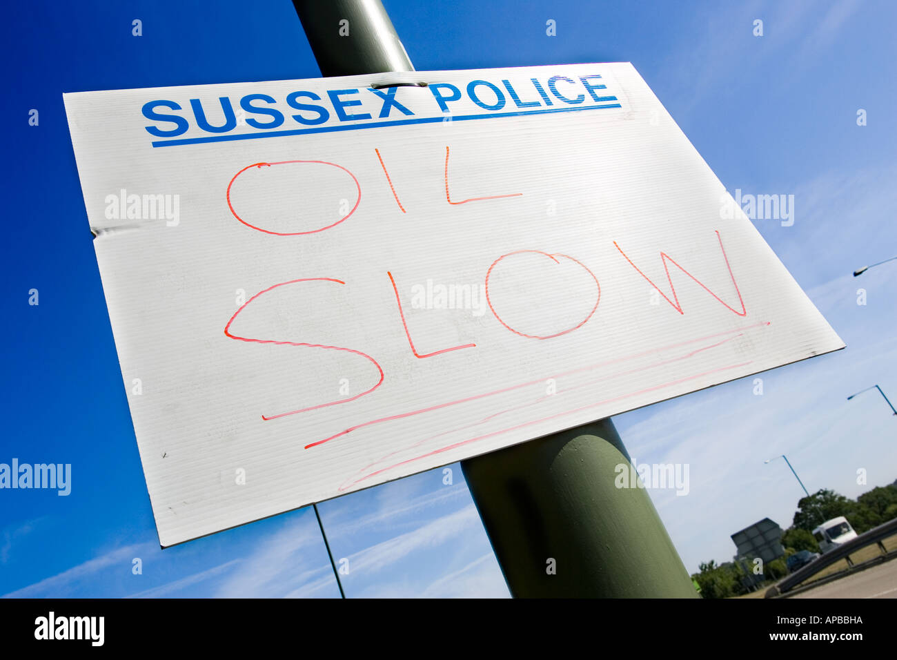 Sussex Police sign warning of oil spill on the A24 near Horsham, West ...