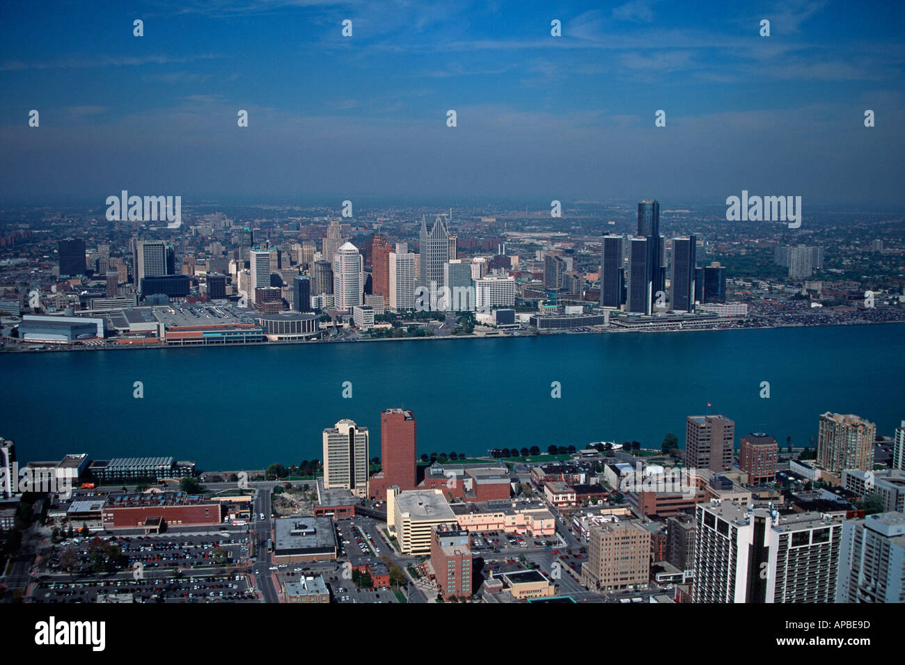Aerial view of Detroit Michigan skyline and Windsor Canada Stock Photo ...