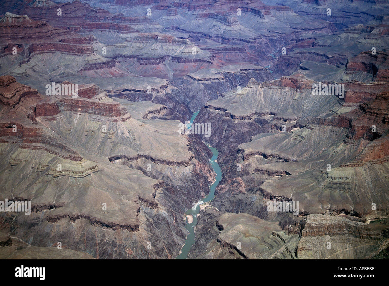 Aerial view of the Colorado River winding through the Grand Canyon ...