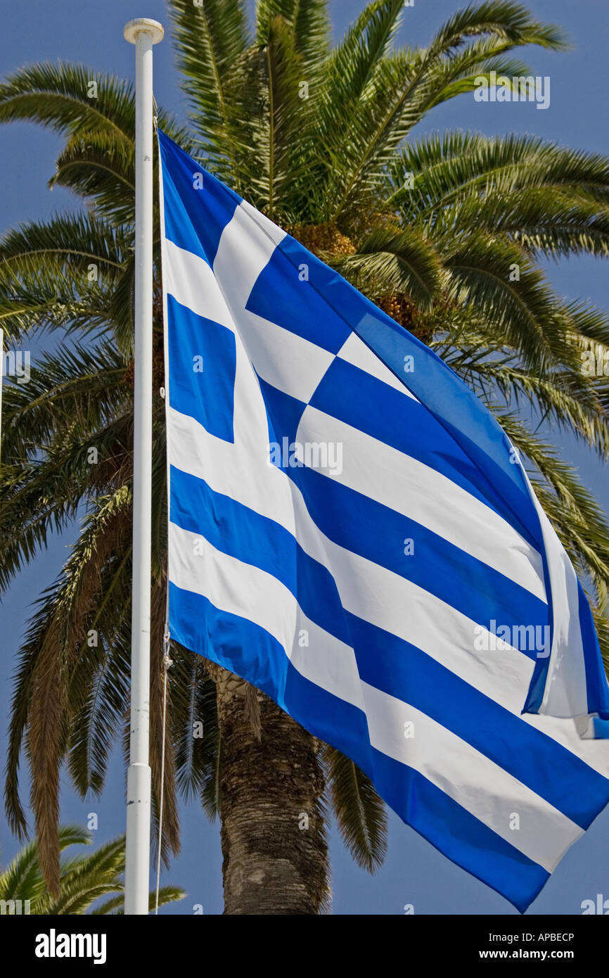 The Greek flag on the Island of Samos Stock Photo - Alamy