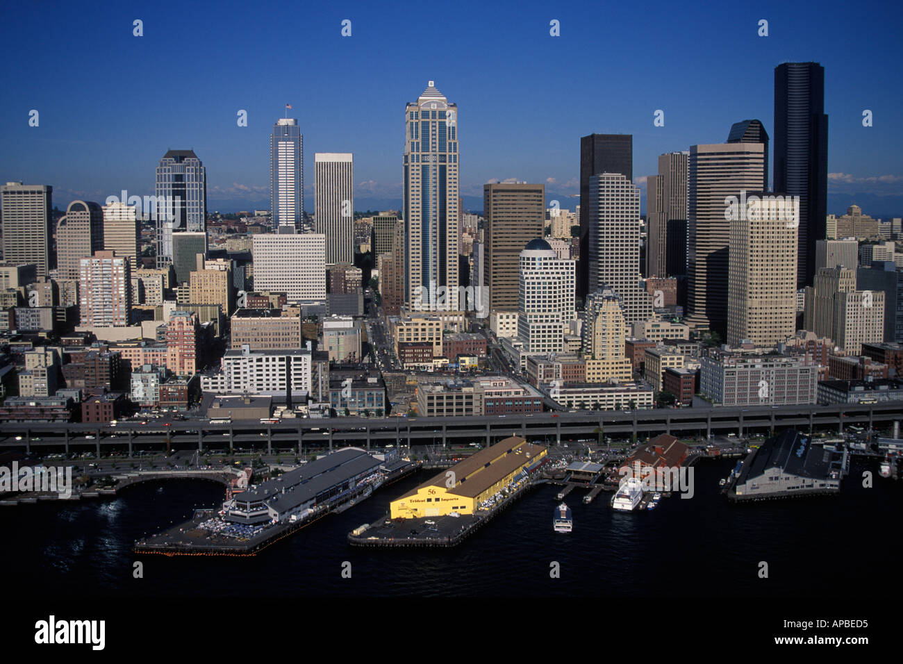 Aerial view of the city skyline and waterfront of Seattle Washington ...