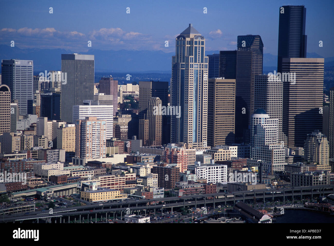 Aerial view of the city skyline and waterfront of Seattle Washington ...