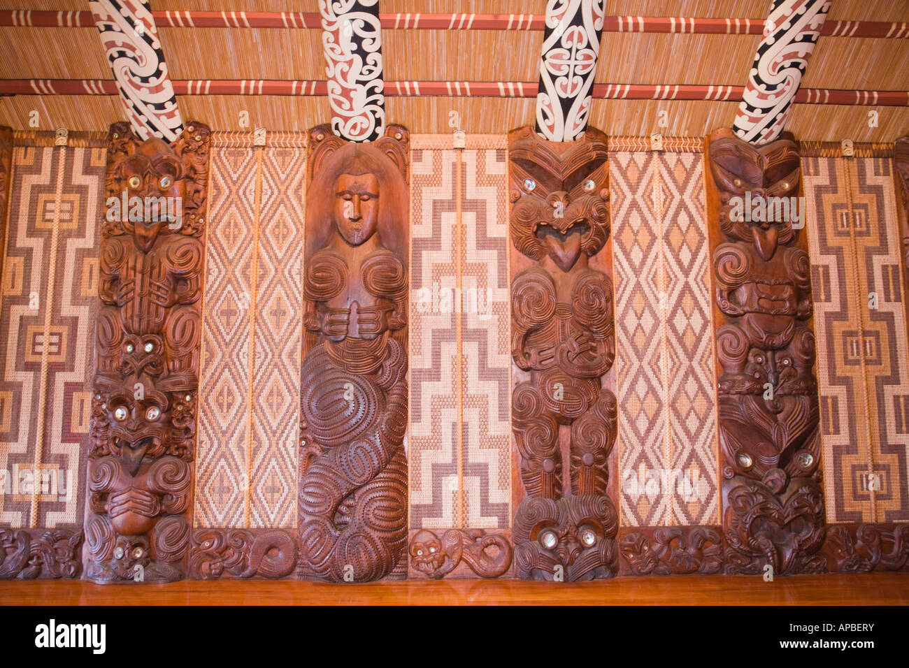 Maori carved wood design detail inside Whare runanga marai Waitangi ...