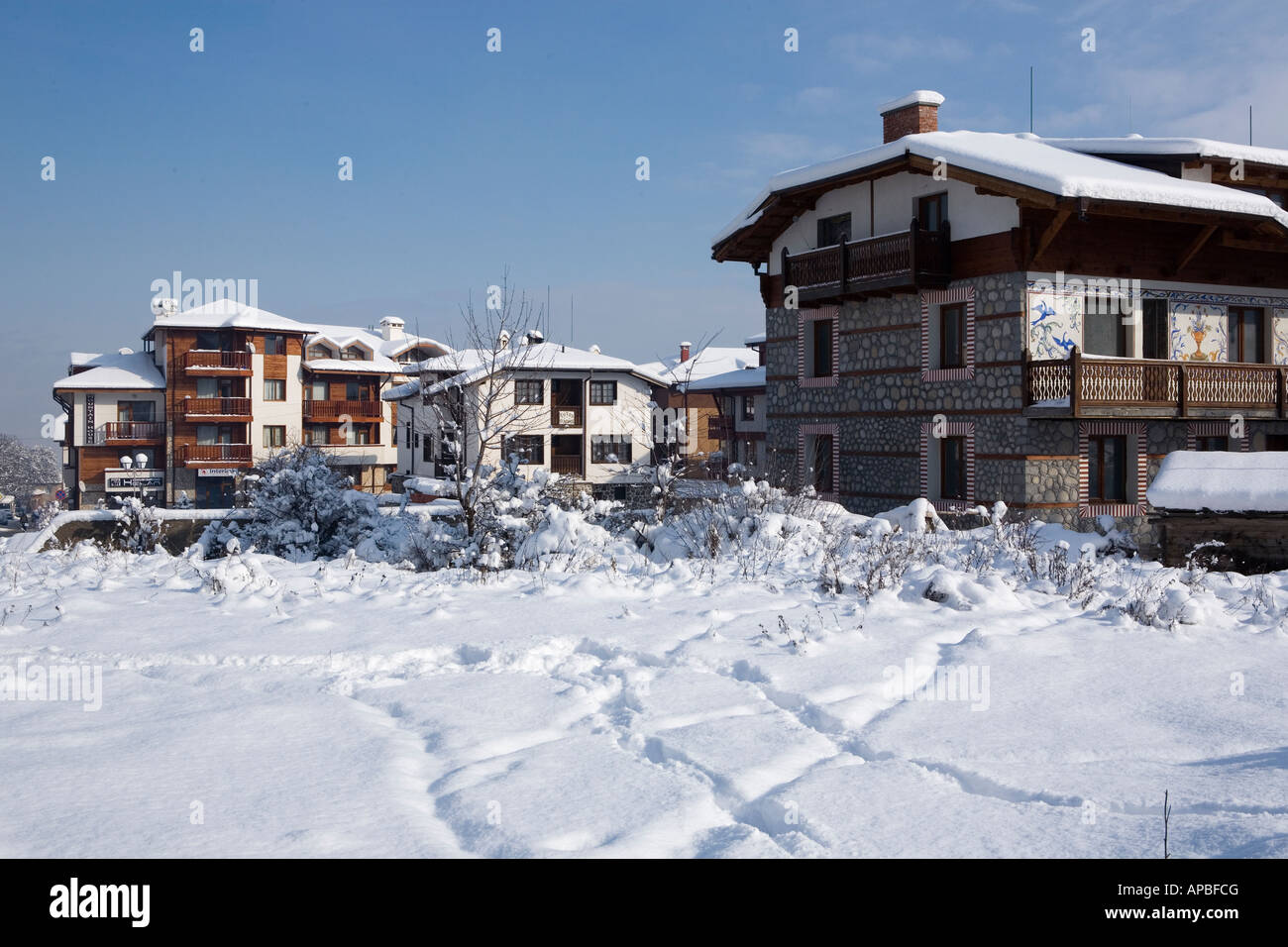 Winter scene, Bansko architecture contemporary town Balkans Bulgaria ...