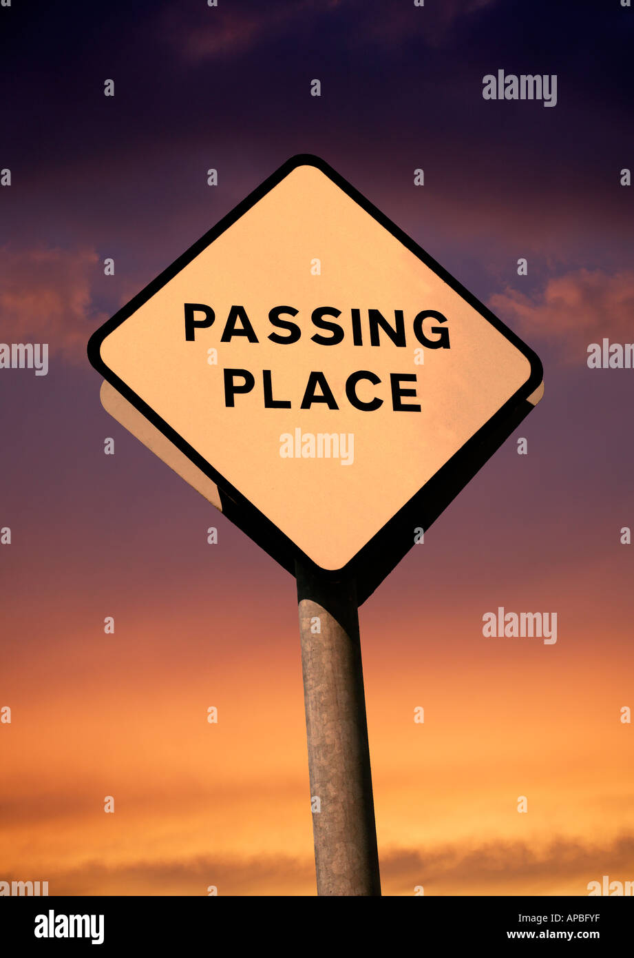 ROAD TRAFFIC PASSING PLACE INFORMATION SIGN WITH TWILIGHT SKY ...