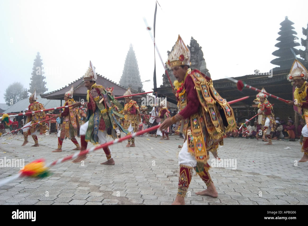 Balinese Temple Warriors perform ritual ceremonial dance in temple on ...