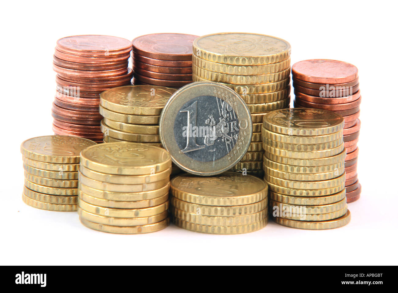 one euro and piles of euro coins isolated on white background money and ...