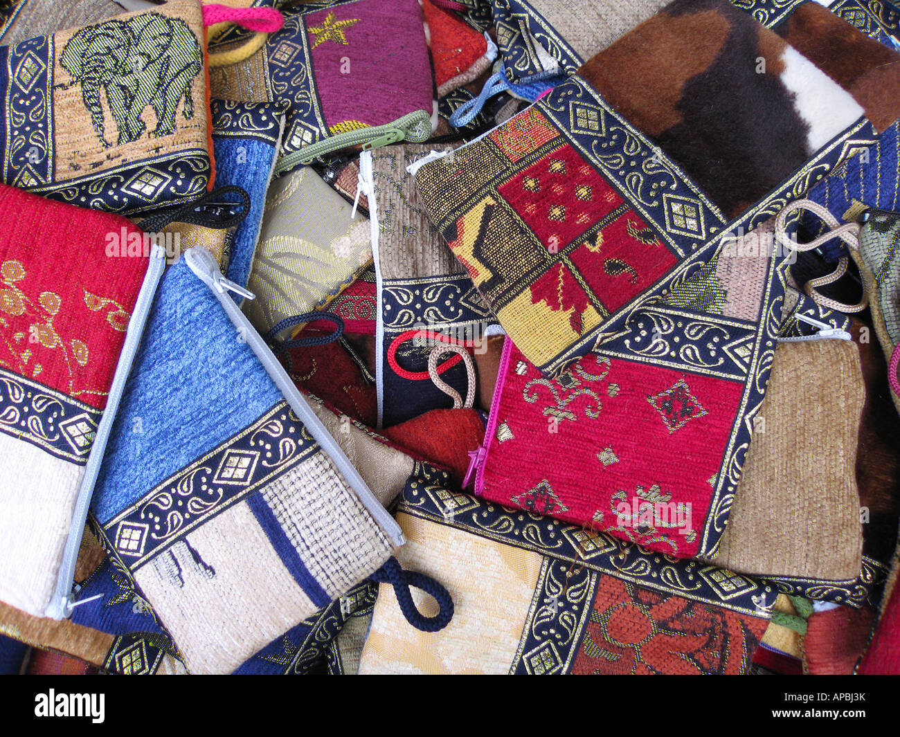 A selection of Turkish fabrics and products on sale in a traditional ...