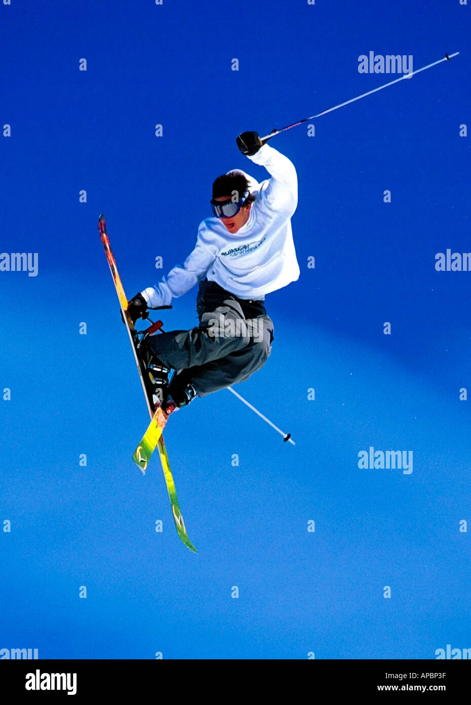 Skiing action, mid-air stunt, Les Arcs, France Stock Photo - Alamy