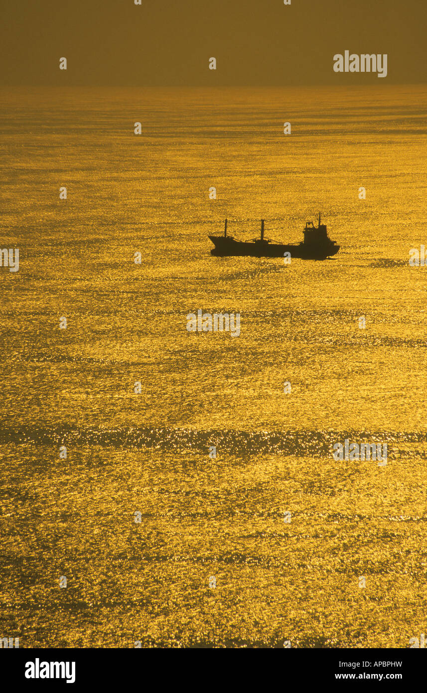 Container ship in Pacific Ocean off Arica at sunset, northern Chile ...