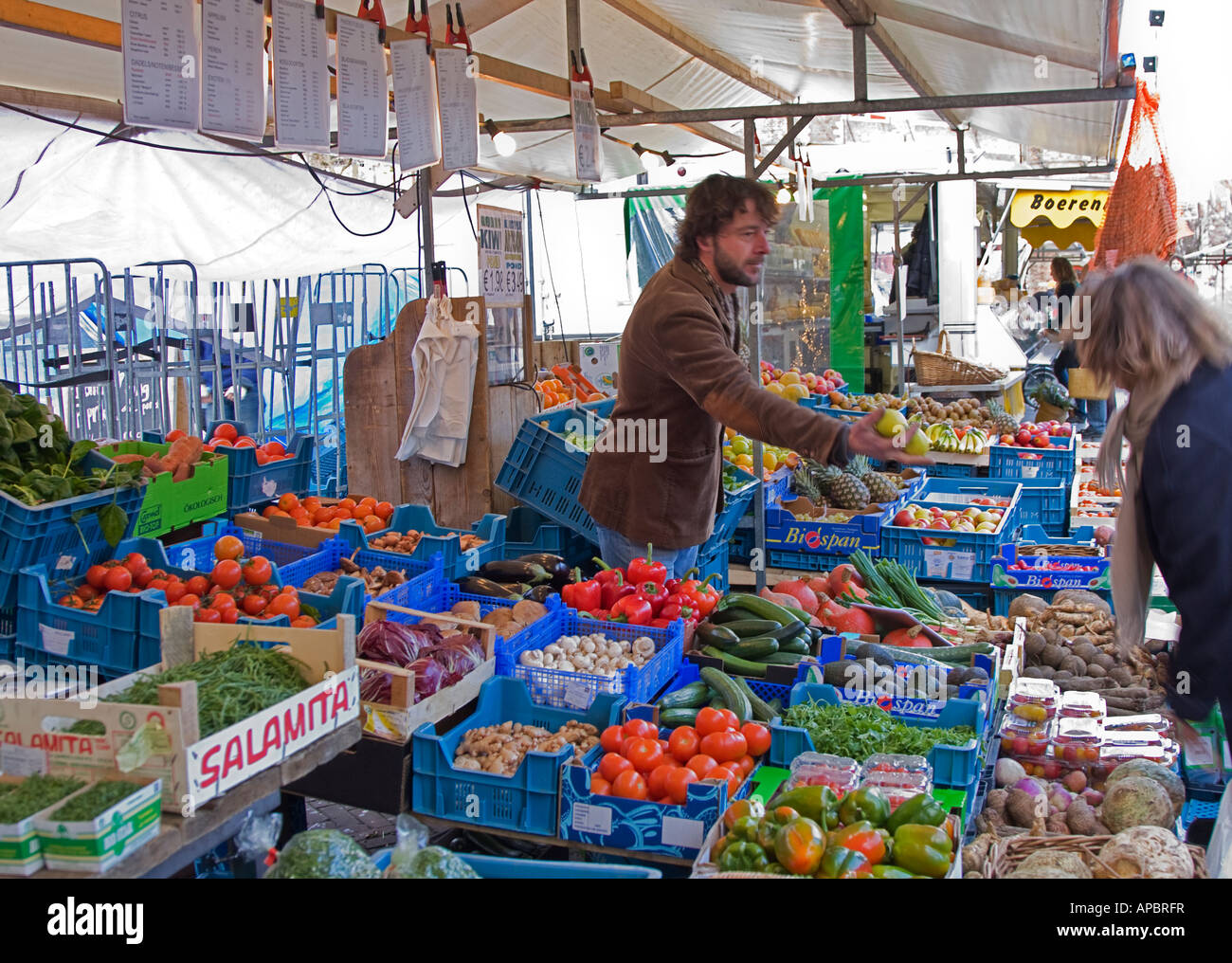 Fresh fruit and vegetables on stall in farmers market Amsterdam Holland ...