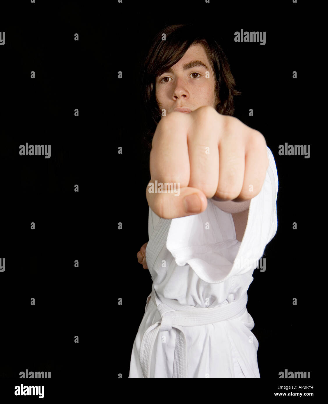 Young boy aged 16 in typical martial arts pose with fist predominant ...