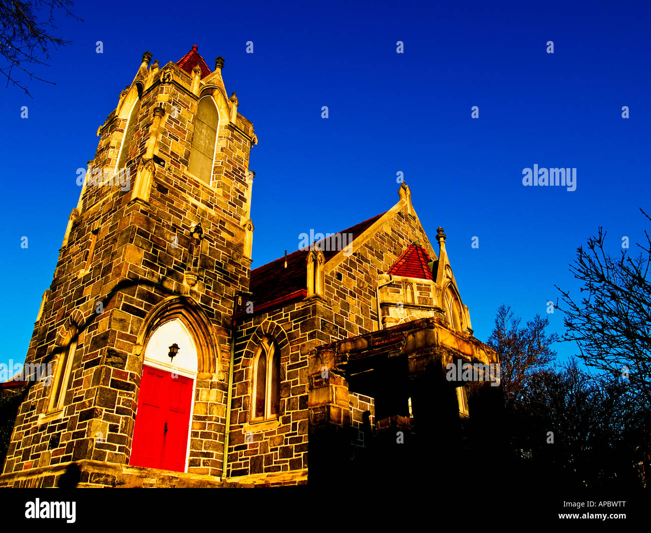 Part of the facade of an historic church building featuring exposed ...
