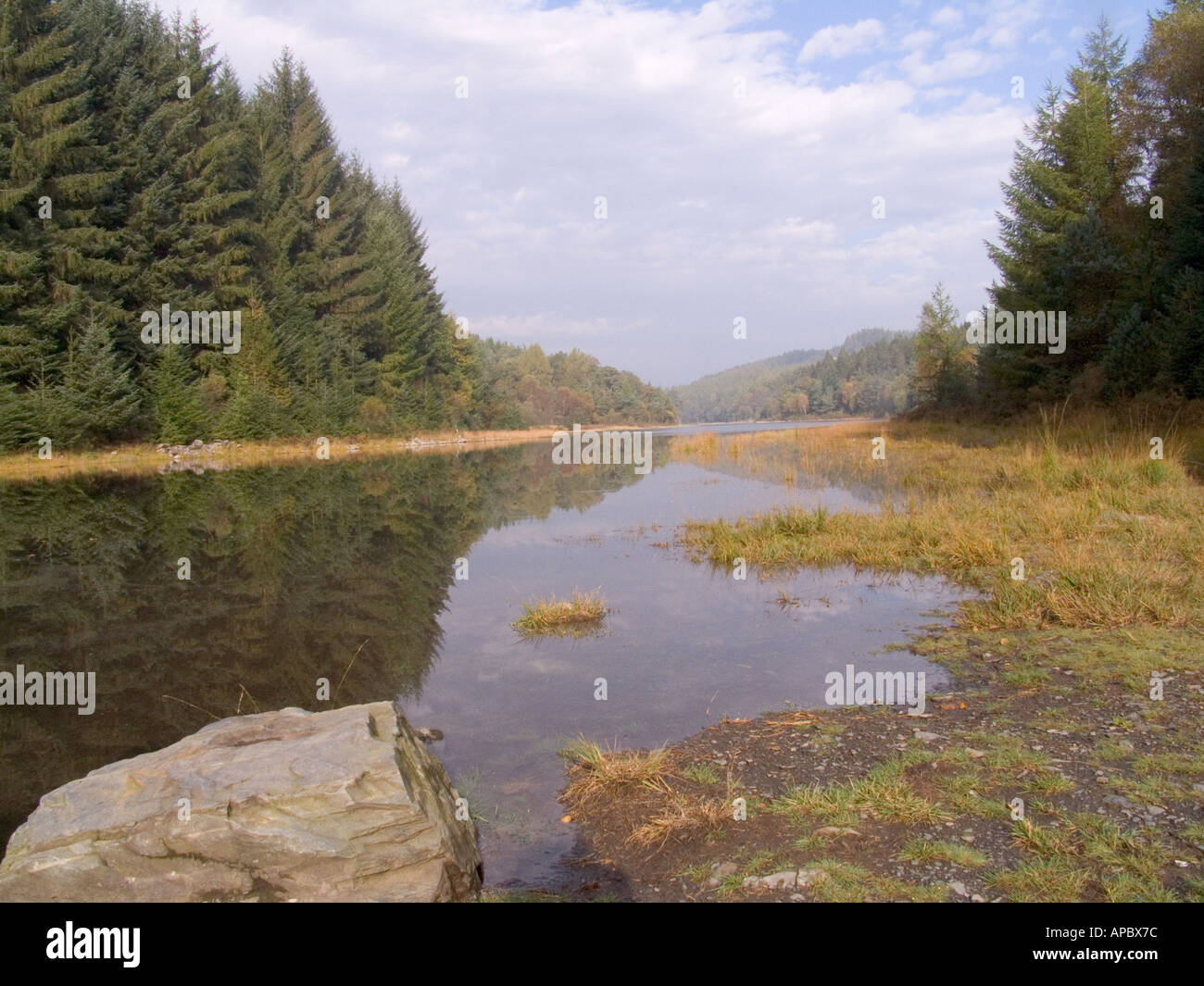 GWYNEDD NORTH WALES UK October Looking along Llyn Parc in Gwydyr Forest ...