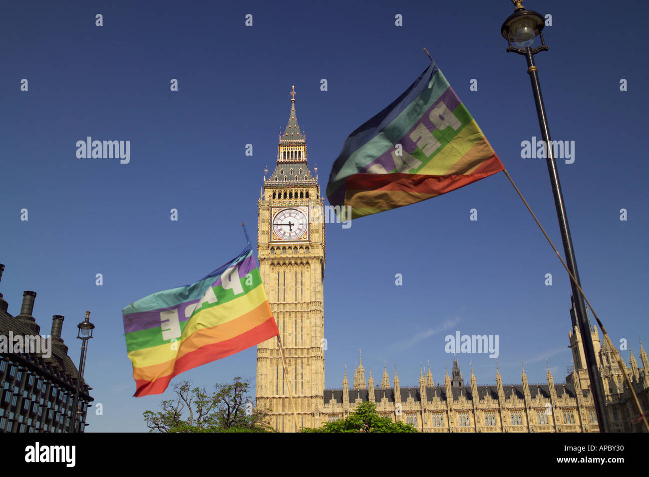 Peace protestor flags outside the houses of parliament Stock Photo - Alamy