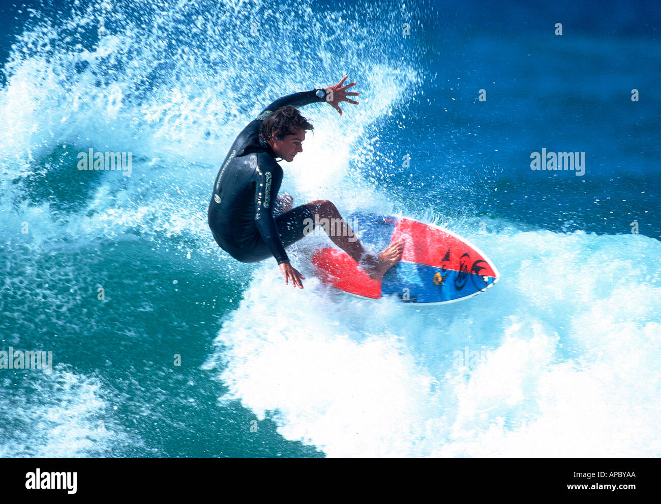 Surfer surfing, speed and balance, Gabe Davies in Mundaka, Spain ...