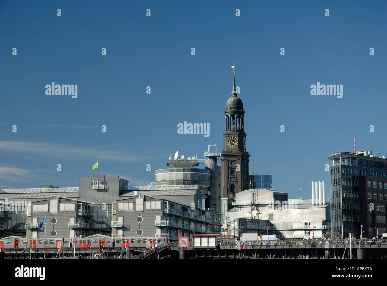 Tower of St. Michaelis Church and headquarter of Gruner and Jahr ...