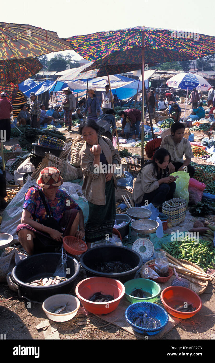Bustling market and vendors at central market by bus terminal Vientiane ...