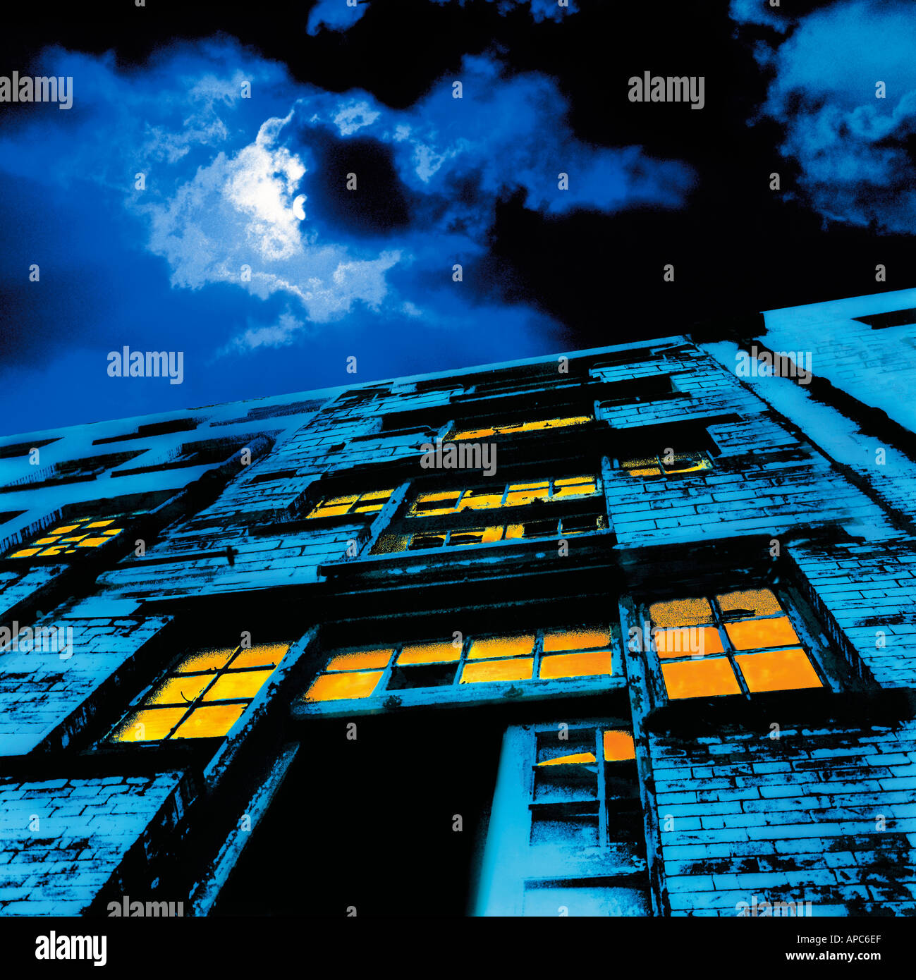 old warehouse building isle of dogs night blue full moon stylised ...