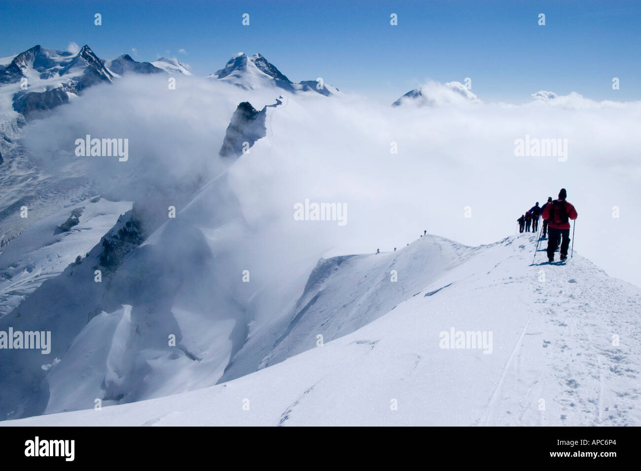 Mountaineers on the Breithorn (4164 m) with view of Monte Rosa (4634 m ...