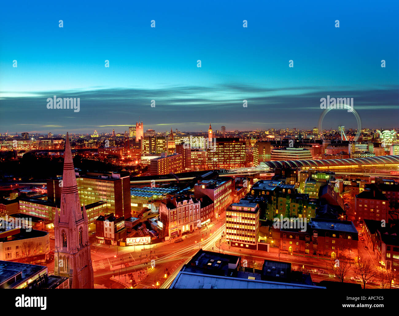 view of Waterloo London skyline from Perspective night england uk river ...