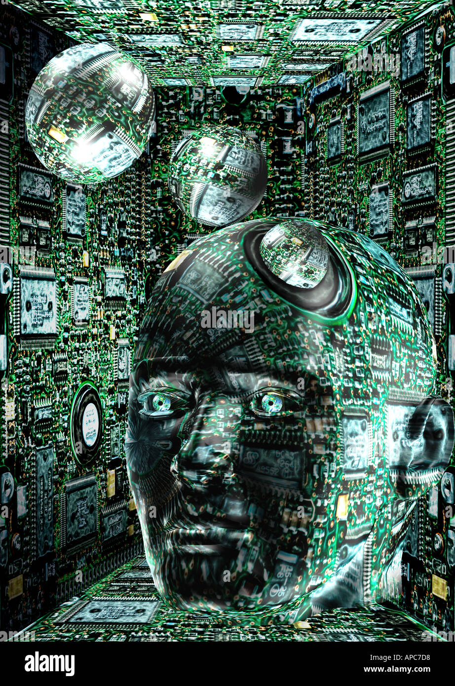 photo illustration computer man chip board spheres three dimensional ...