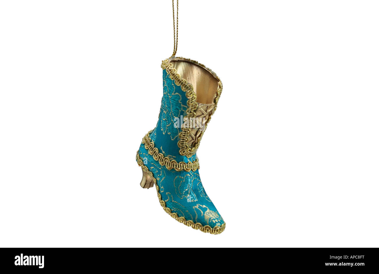 A single blue and gold embroidered silk boot hanging Christmas tree ...