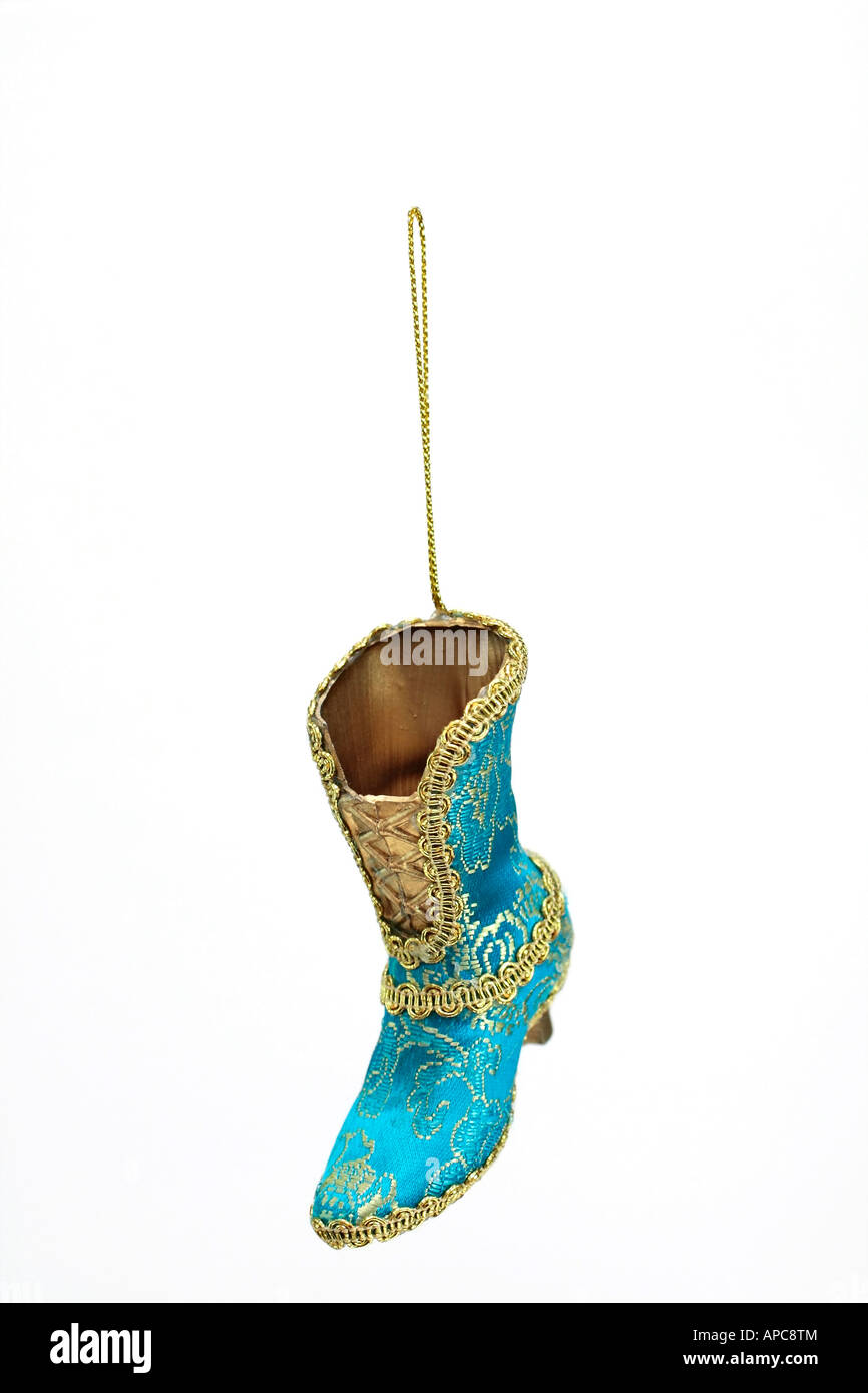 A single blue and gold embroidered silk boot hanging Christmas tree ...