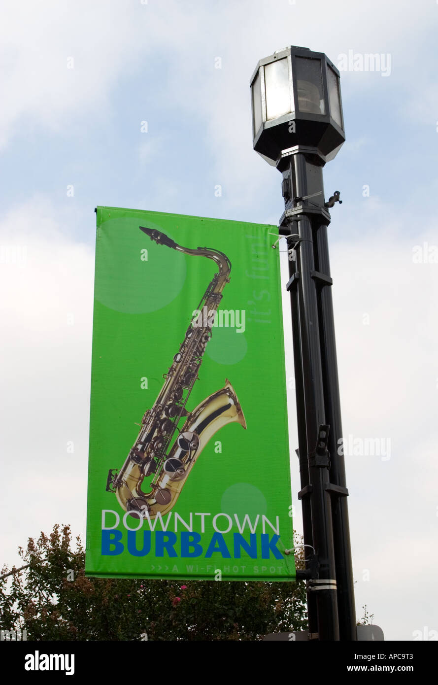 Downtown Burbank California Street Sign showing a saxophone. Vertical ...
