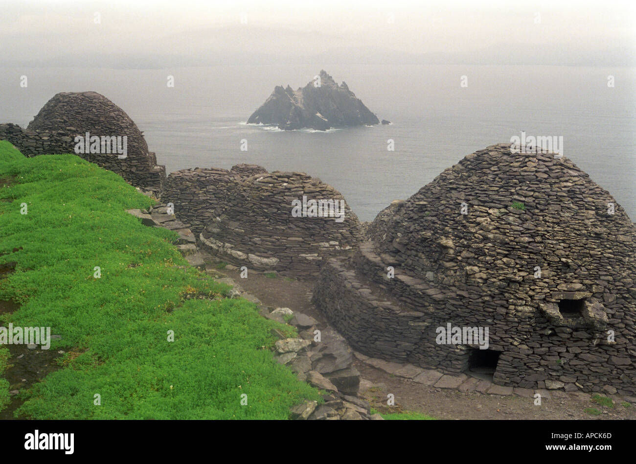 The Monastic Crannóg huts atop Skellig Mhór off the Atlantic Coast of ...