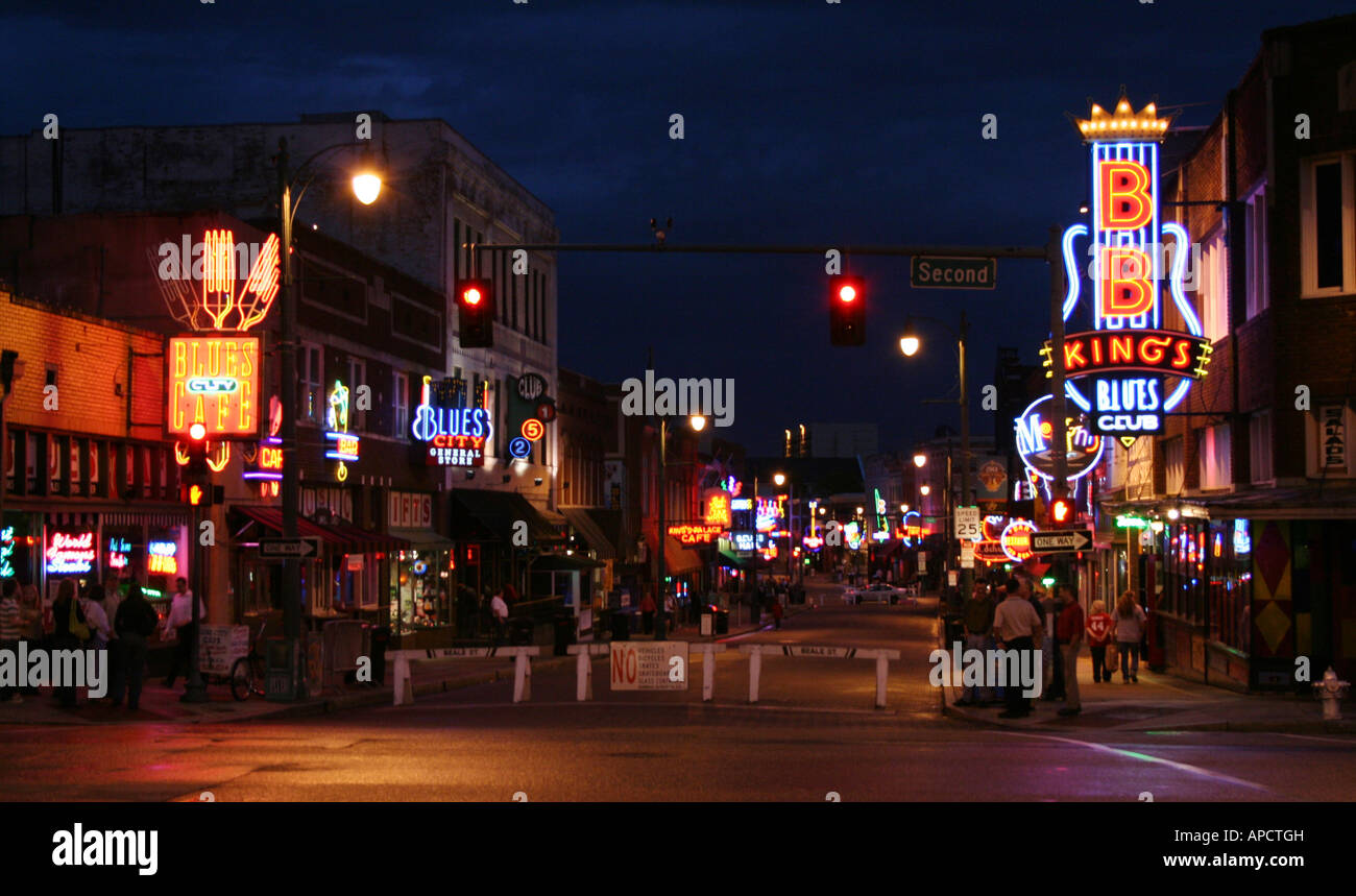 Night time view of Beale Street, Memphis, Tennessee, with illuminated ...