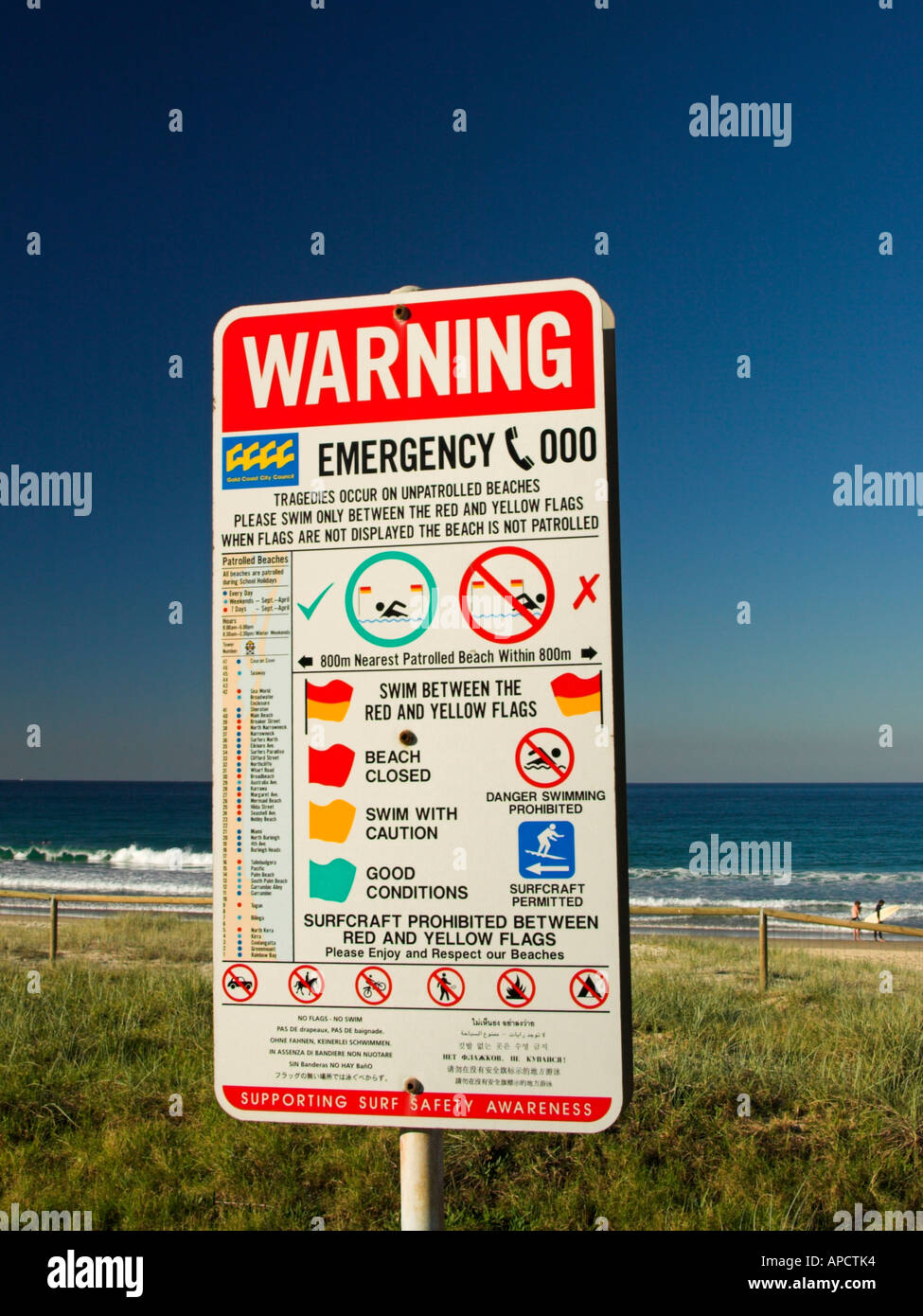 Warning sign on a patrolled beach Gold Coast Queensland Australia Stock ...