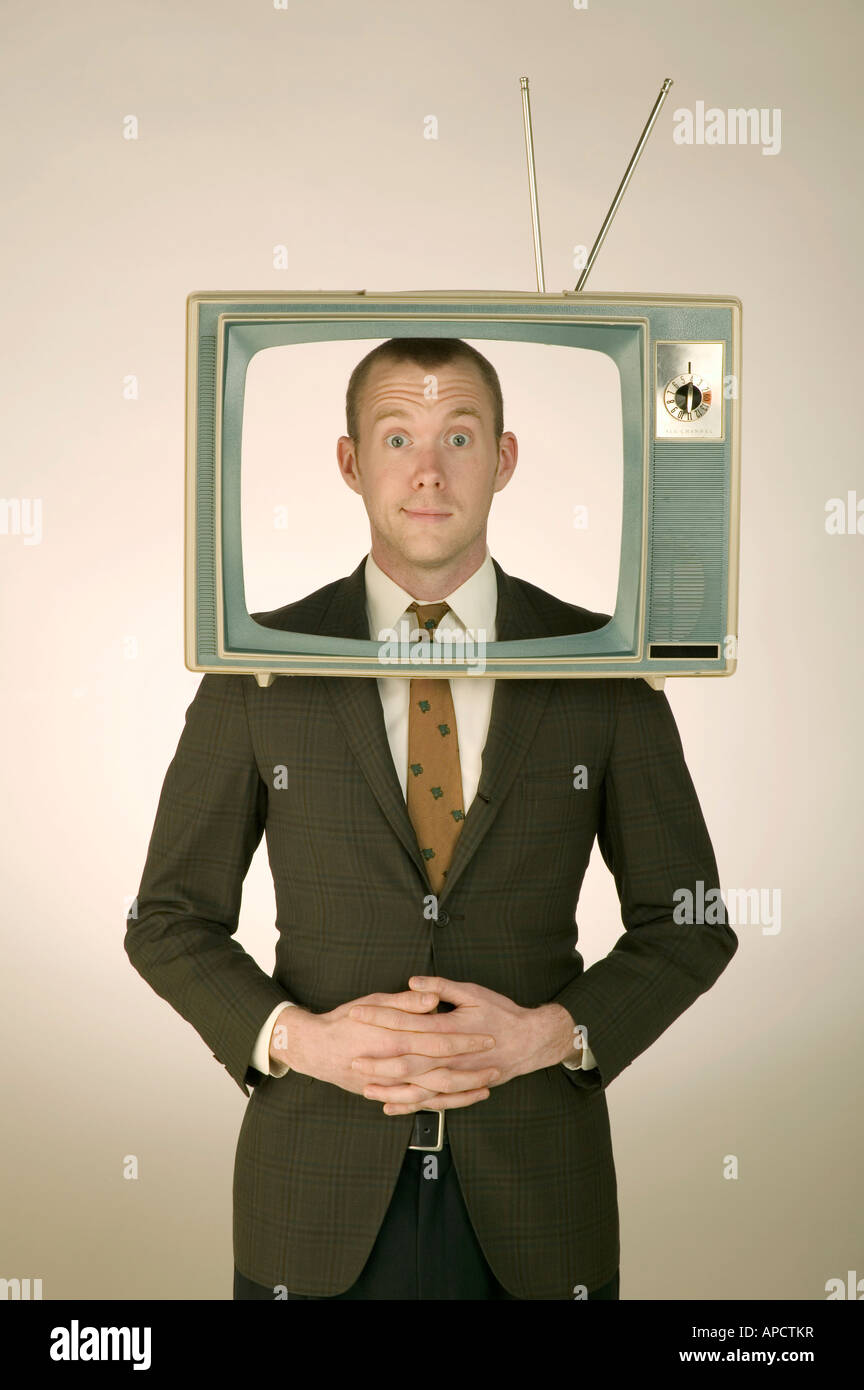 Man in suit with TV over his head- “talking head” Stock Photo - Alamy