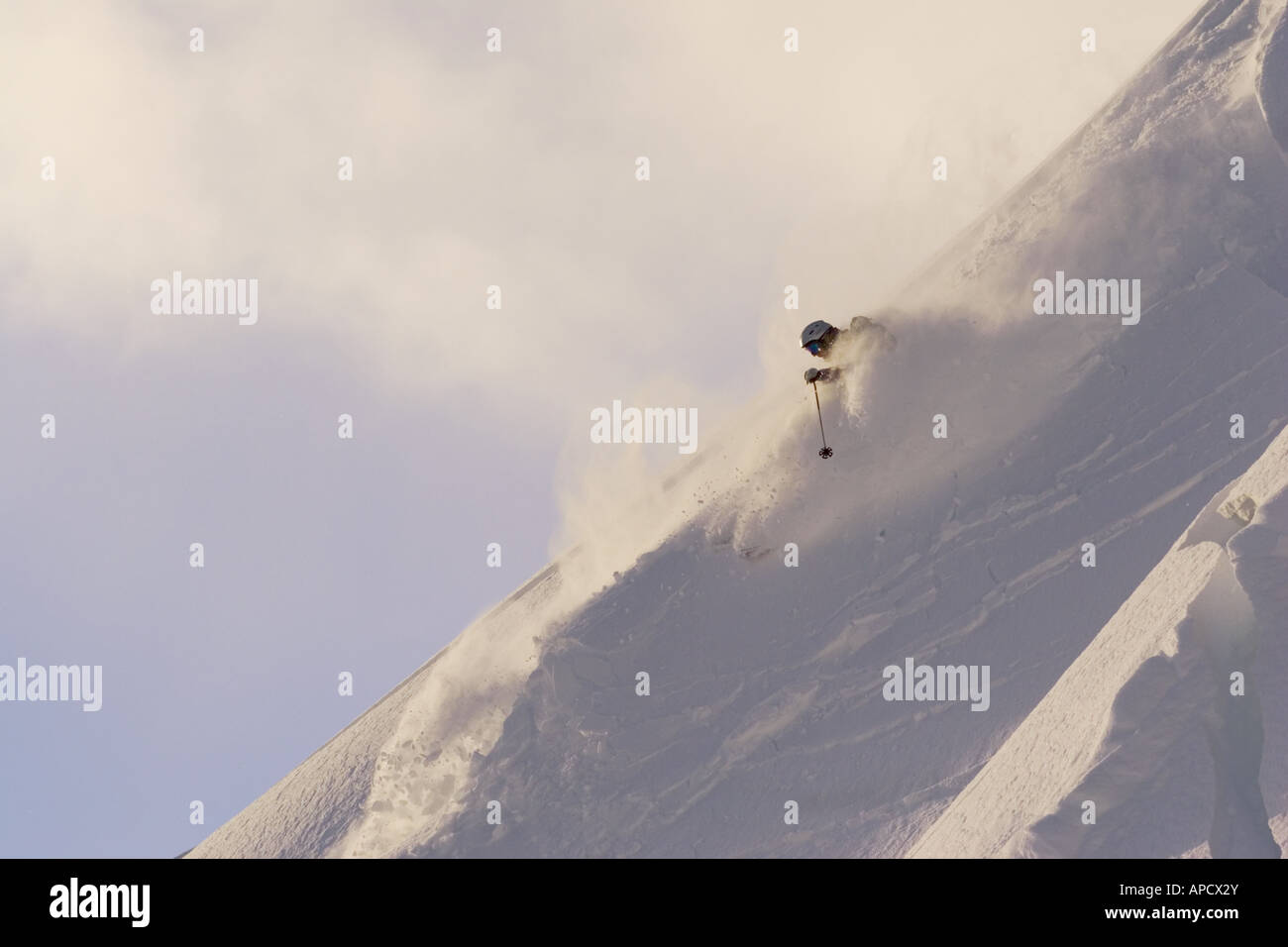 A woman skiing powder snow in the early morning on Donner Summit near ...