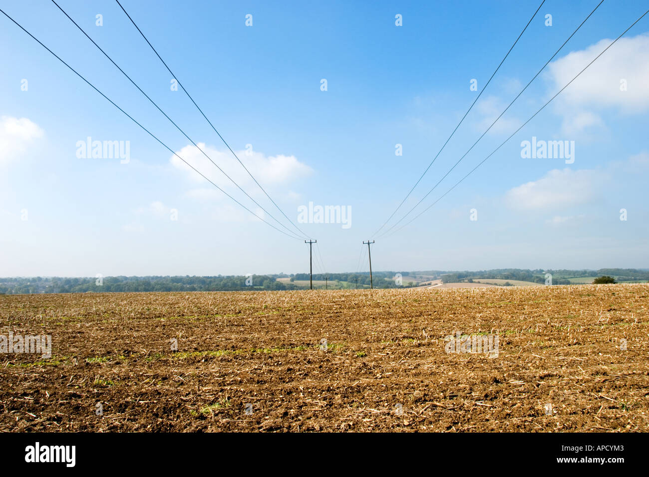 Parallel power lines run across England countryside with blue sky above ...