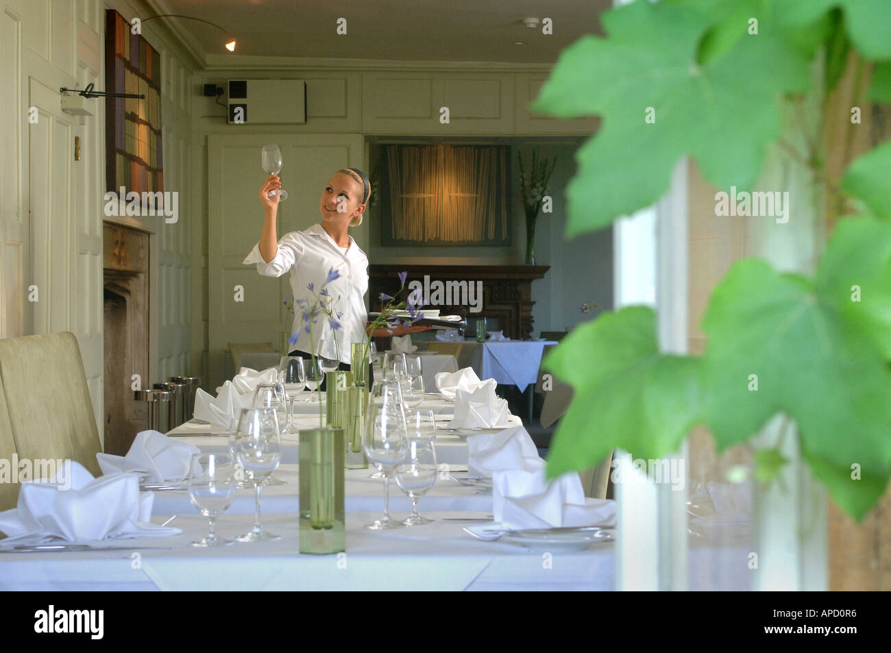 A waitress checking glasses at a restaurant table silver service ...