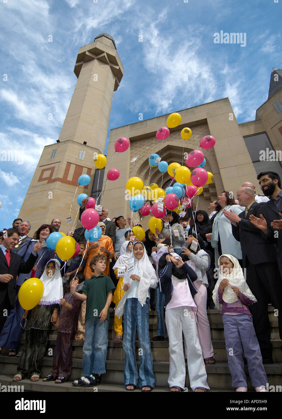 Children launching balloons in front of Edinburgh Central Mosque Stock ...