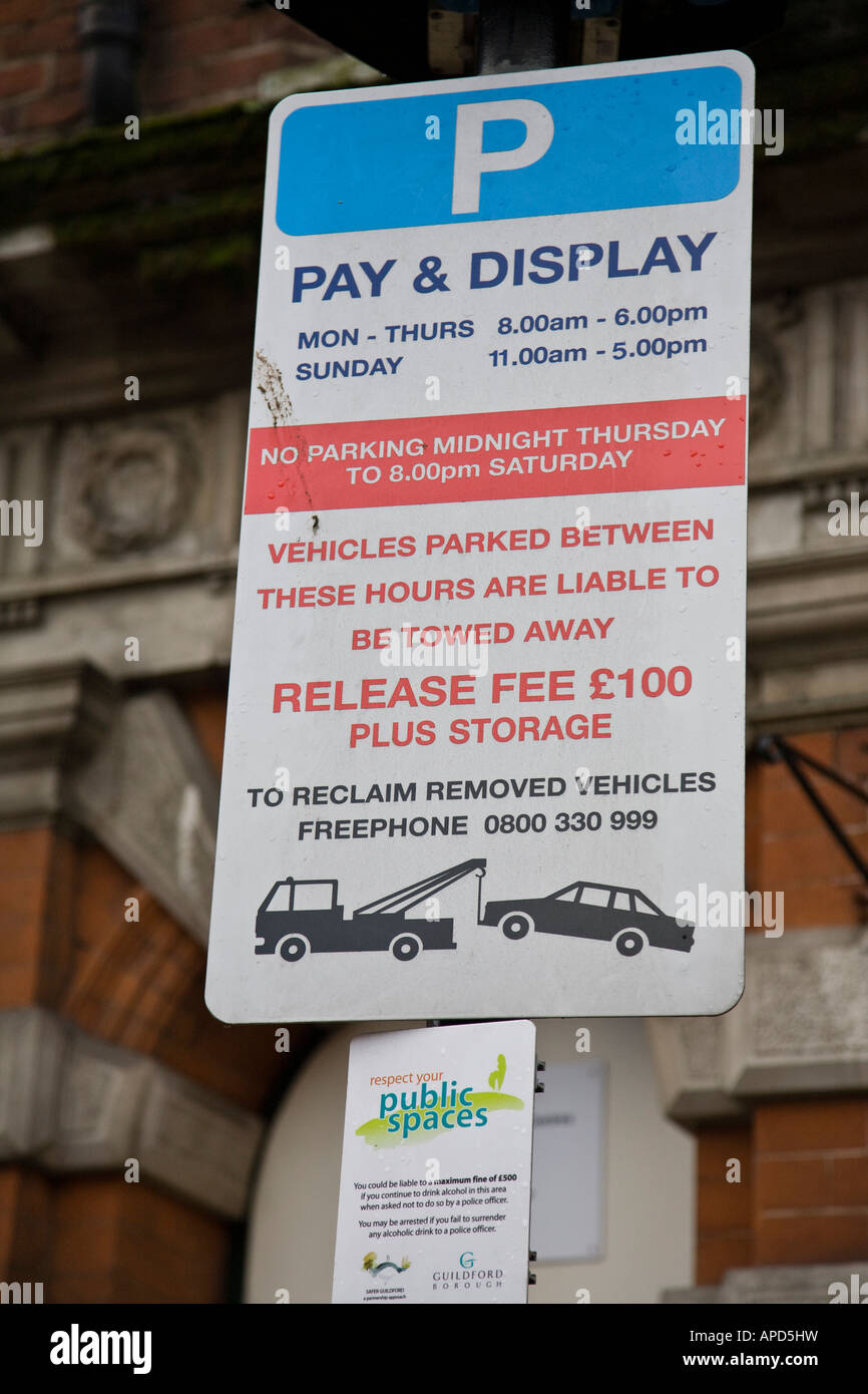 Close-up of a 'pay and display' sign in a town centre, Guildford ...