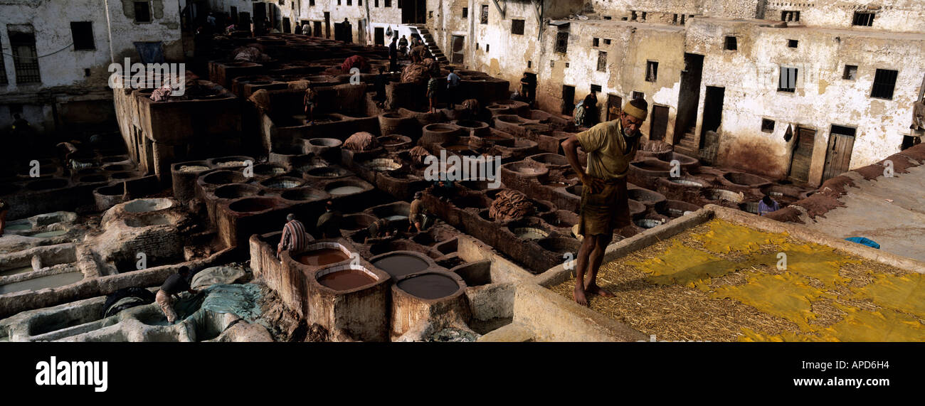 Africa Morocco Workers color cow hides in ancient die pits at leather ...