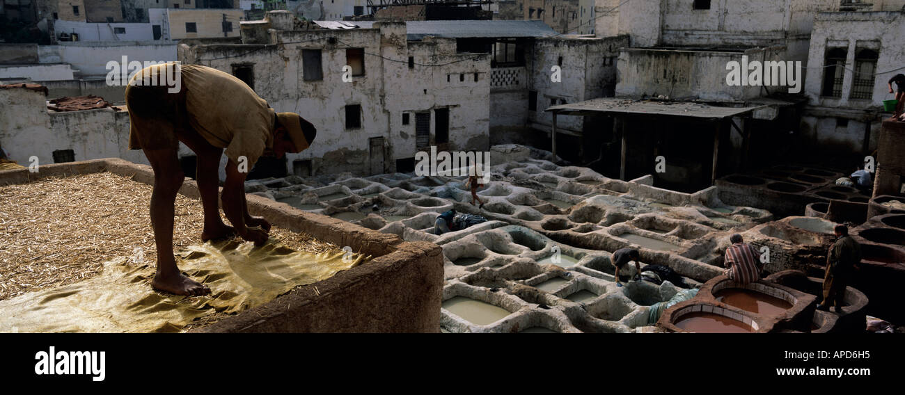 Africa Morocco Workers color cow hides in ancient die pits at leather ...