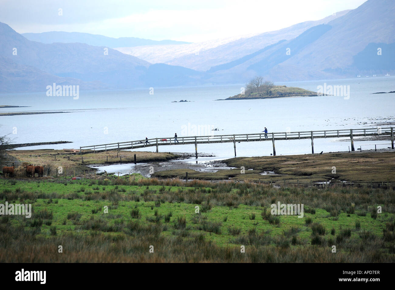Walkers with Mull behind hike the Jubilee way at Appin Scotland Stock ...