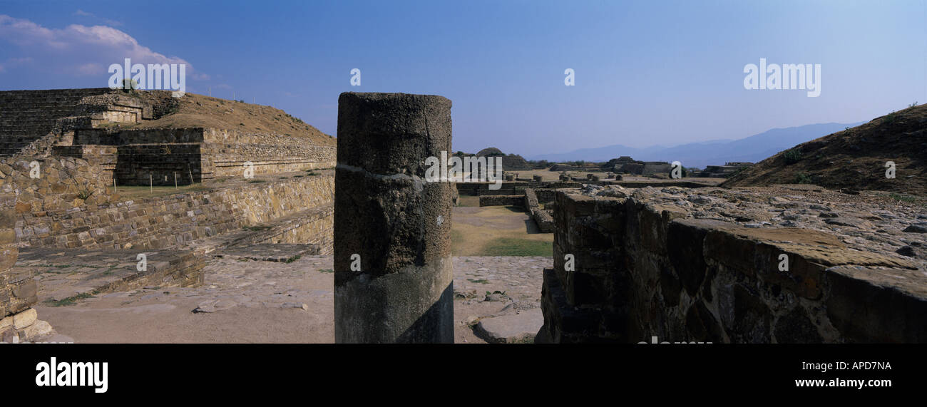 Mexico Oaxaca Afternoon sun lights Zapotec stone temple at Monte Alban ...