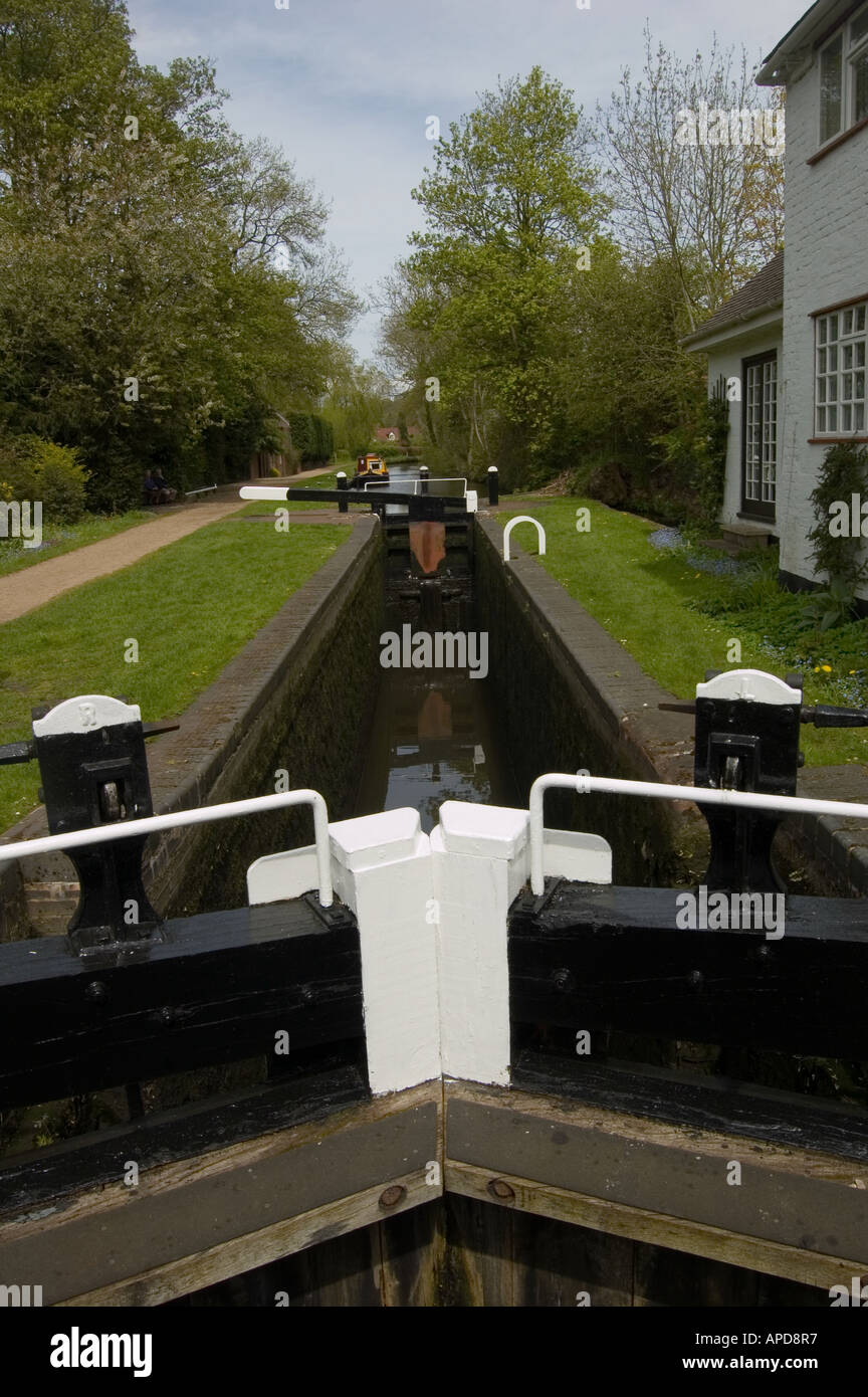 Canal Lock with boat waiting in the background Stock Photo - Alamy