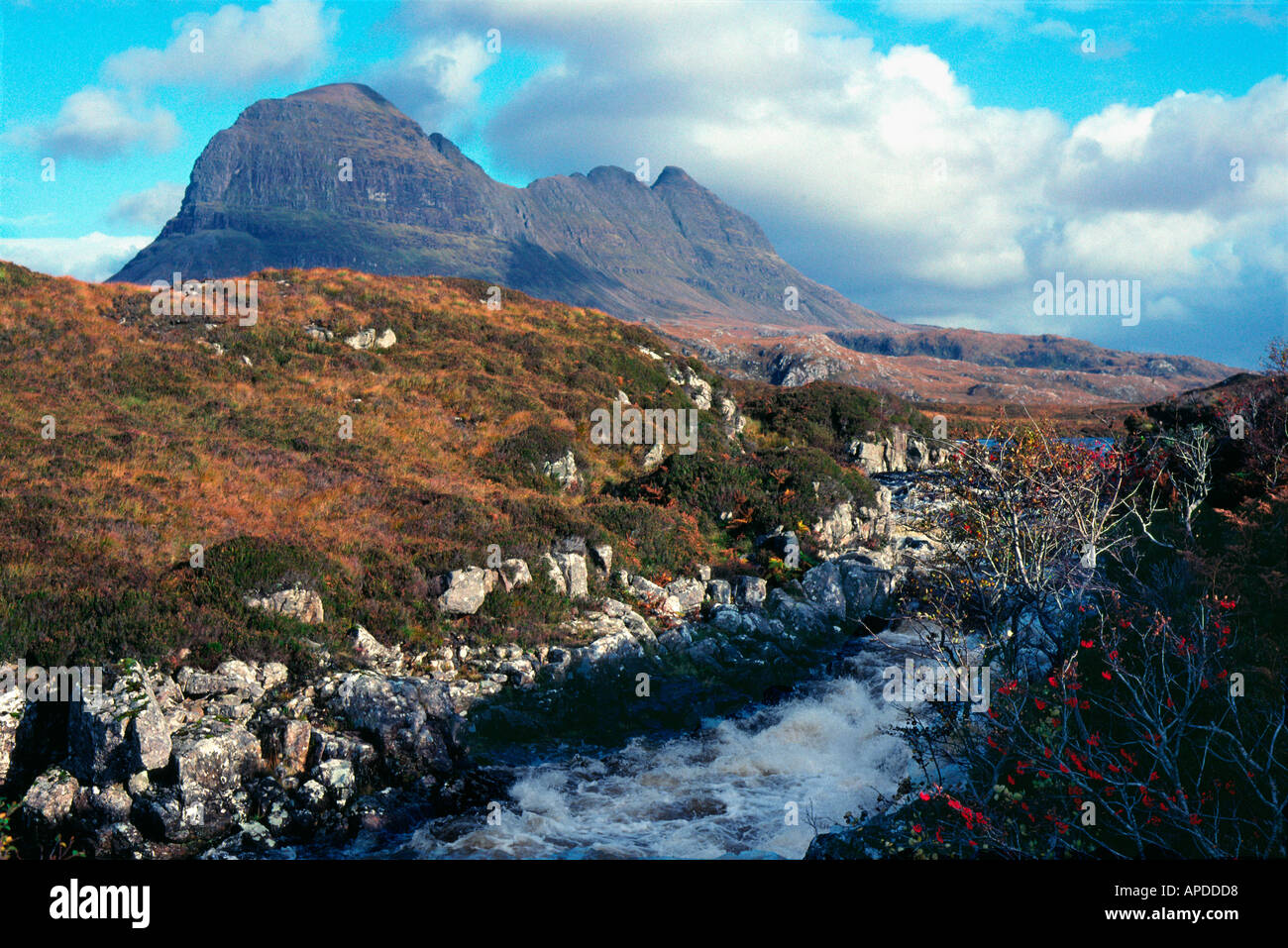 Scottish Highlands Suilven from south east above Kirkaig Falls Stock ...