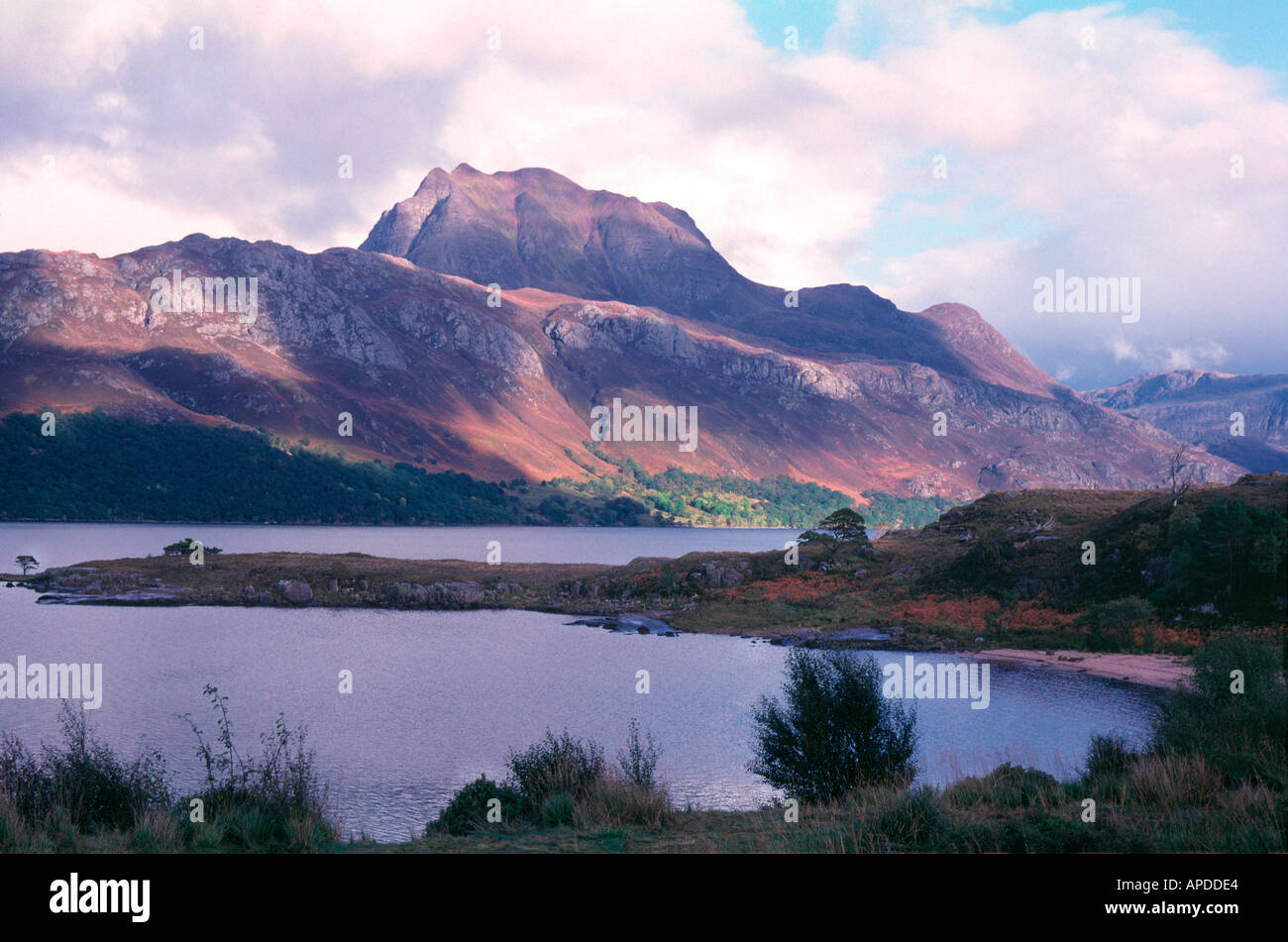 Scottish Highlands Slioch mountain viewed from west across Loch Maree ...