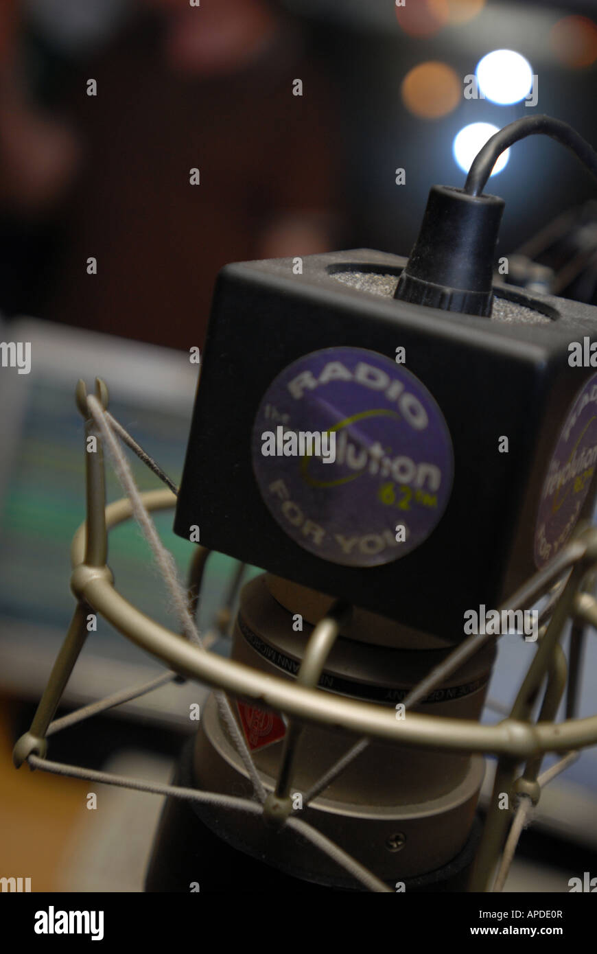 a dj microphone at a radio station mixing desk Stock Photo - Alamy