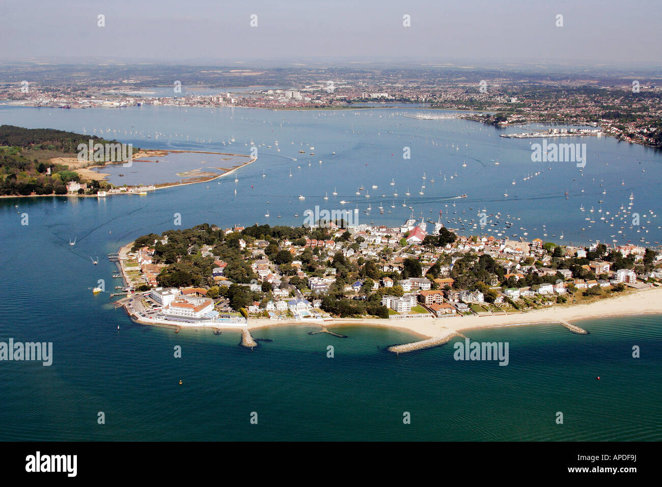 Aerial view of the Sandbanks Peninsula, Poole, Dorset, England, UK ...